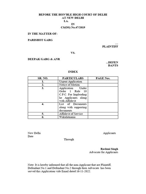 Application Under Order 1 Rule 10 For Impleading As Party Pdf Affidavit Lawsuit