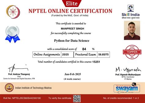 Completed The Python For Data Science Course Offered By Iit Madras