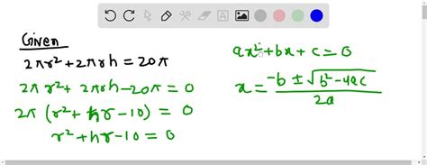 SOLVED 2 πr 2 2 πr h 20 π for r Numerade