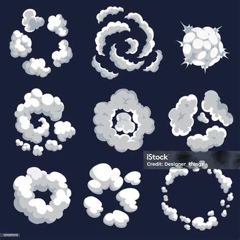 연기 구름의 만화 패턴의 집합입니다 폭탄 폭발 만화 벡터 안개 퍼프입니다 증기 구름 수증기 또는 먼지 폭발 요소 연기 물리적 구조에 대한 스톡 벡터 아트 및 기타 이미지