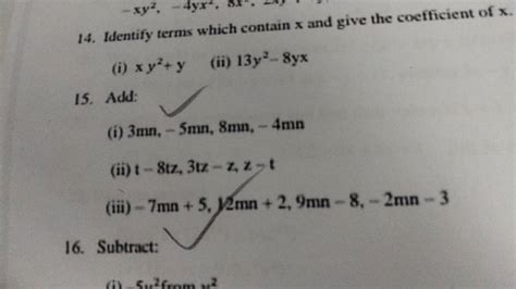 14 Identify Terms Which Contain X And Give The Coefficient Of X I Xy2