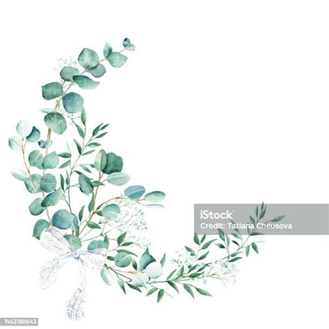 수채화 그린 화환 유칼립투스 집소필라 피스타치오 가지와 흰색 레이스 활 흰색 배경에 격리된 손으로 그린 식물 삽화 문구 초대장 날짜 저장 결혼식 인사말 베이비 샤워에 이상적