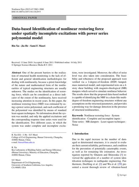 Pdf Data Based Identification Of Nonlinear Restoring Force Under