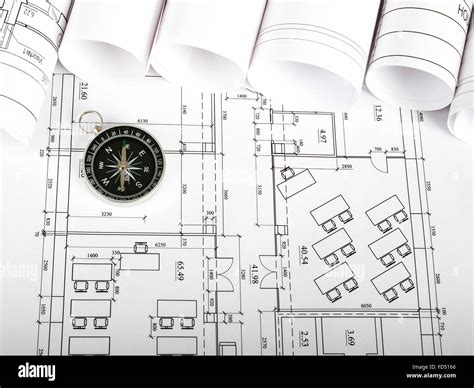 Compass On Blueprint Stock Photo Alamy
