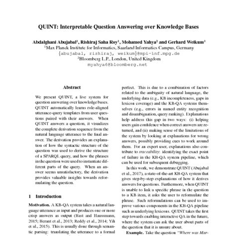 Quint Interpretable Question Answering Over Knowledge Bases Acl