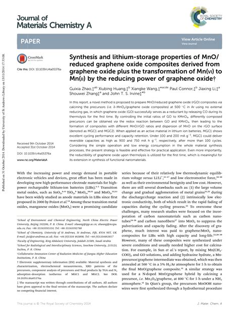 Pdf Synthesis And Lithium Storage Properties Of Mnoreduced Graphene