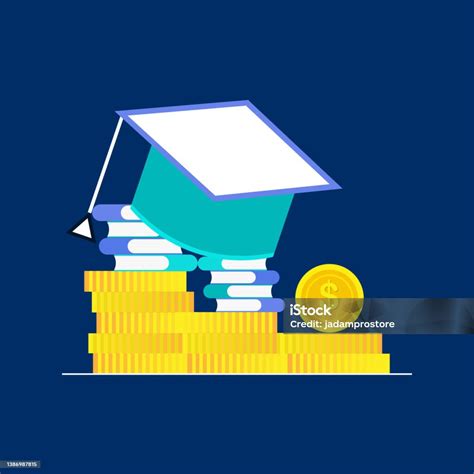졸업 비 또는 비싼 교육 또는 장학금 대출 벡터 책과 모자 또는 모자의 플랫 만화 돈 스택 대학교에 대한 스톡 벡터 아트 및
