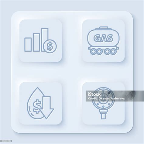 세트 라인 파이 차트 인포그래픽 및 달러 가스 철도 Cistern 원유 가격 하락 및 모터 가스 게이지 흰색 정사각형 버튼 벡터 0명에 대한 스톡 벡터 아트 및 기타 이미지
