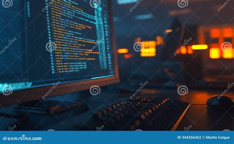 Modern Workspace With Computer And Coding Screen At Night Stock Illustration Illustration Of