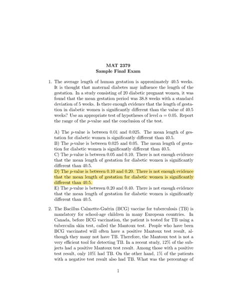 2379 sample final mat2379 biostatistics practice final exam with
