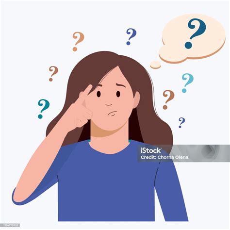 젊은 고민 하는 여자의 초상화 생각 거품에 물음표와 소녀 사람들은 문제를 생각하거나 해결합니다 딜레마 벡터 평면 만화 개념 일러스트레이션 Theatrical