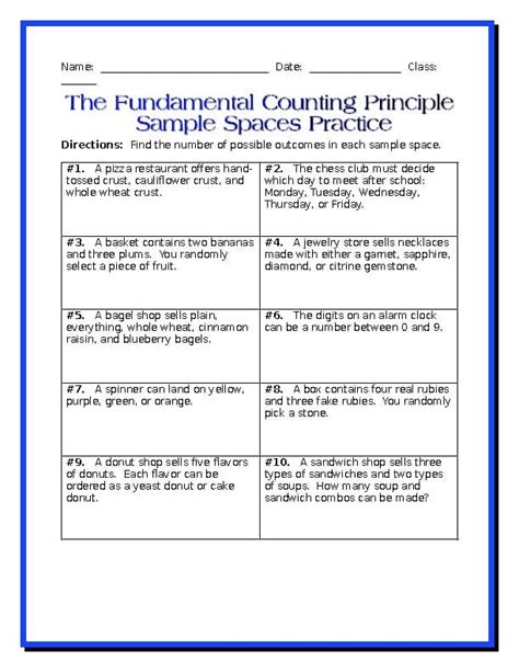 Sample Spaces Fundamental Counting Principle Practice Editable