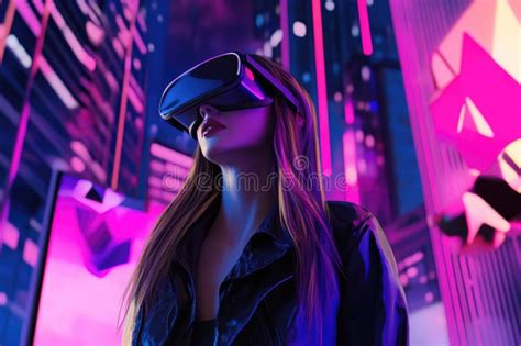 Futuristic Woman In Vr Glasses Immersive Virtual Reality Experience In A Neon Cityscape Stock