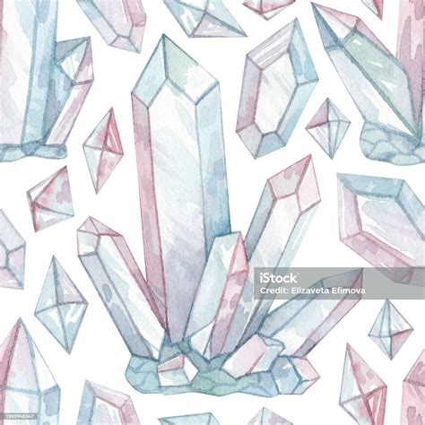 섬세한 분홍색 파란색 크리스탈이있는 수채화 이음새가 없는 패턴 흰색 배경에 고립되어 있습니다 마법 컬렉션 결정체에 대한 스톡 벡터 아트 및 기타 이미지 Istock