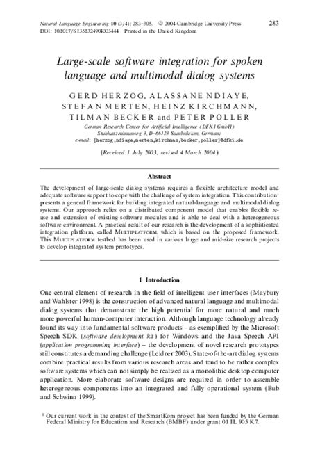 Pdf Large Scale Software Integration For Spoken Language And Multimodal Dialog Systems