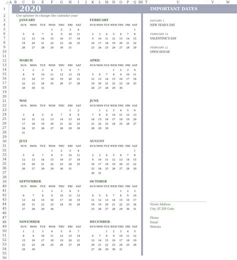 Business Calendar Any Year Sun Sat Excel Template