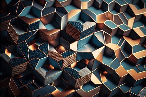 A Bunch Of Cubes That Are Stacked Together In A Pattern Of Blue And Gold Colors Stock