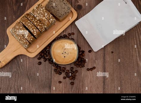 Top View Coffee Cup Coffee Flavored Bread Slices With Coffee Beans