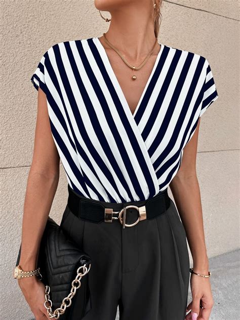 Striped Dolman Sleeve Overlap Collar Bodysuit Collar Bodysuit Clothes For Women Clothes