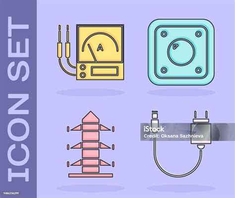 충전기 암페어 미터 멀티 미터 전압계 고전압 전봇대 라인 및 전등 스위치 아이콘을 설정합니다 벡터 고압 전류 주의에 대한 스톡