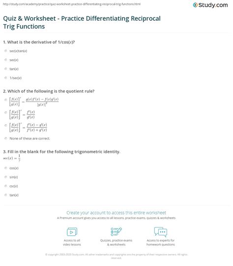 Quiz And Worksheet Practice Differentiating Reciprocal Trig Functions
