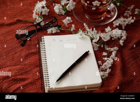 Spring Flat Lay Top View Home Office Workspace Notebook With Tea Cup