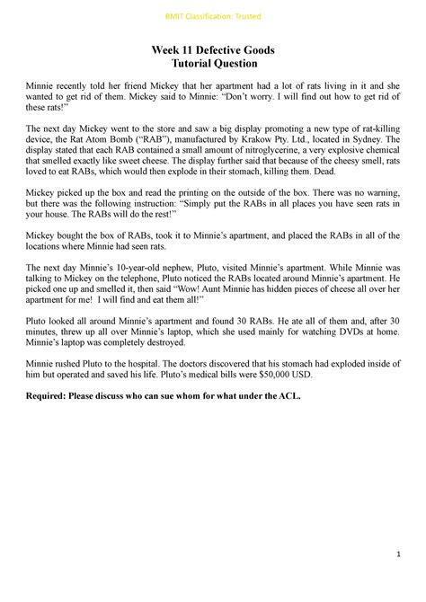 Week 11 Tutorial Questions Rmit Classification Trusted Week 11 Defective Goods Tutorial