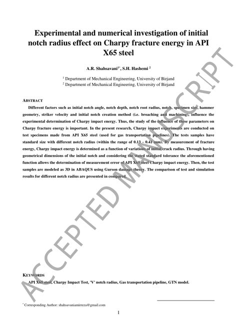 Pdf Experimental And Numerical Investigation Of Initial Notch Radius Effect On Charpy Fracture