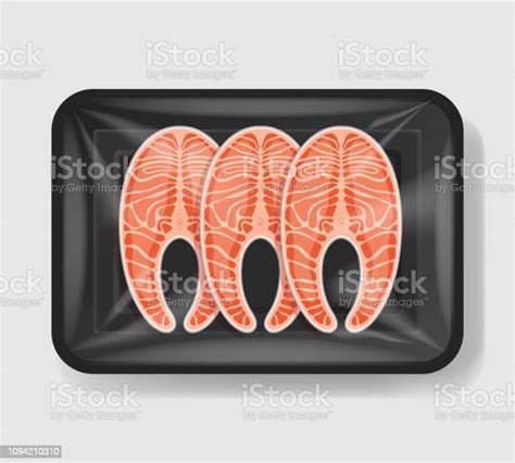 셀로판으로 플라스틱 트레이 용기에 연어 커버 이랑 디자인에 대 한 템플릿입니다 플라스틱 음식 콘테이너입니다 벡터 일러스트입니다