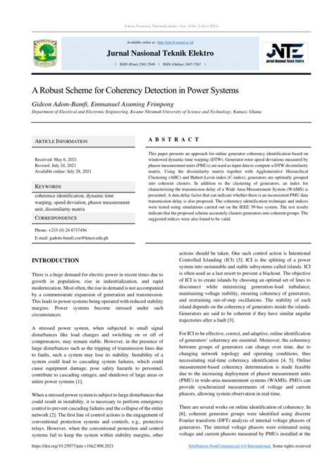 Pdf A Robust Scheme For Coherency Detection In Power Systems