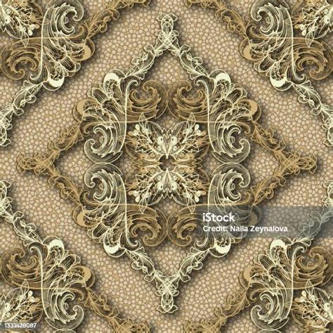 3d 플로럴 바로크 올드 스타일 골드 매끄러운 패턴 장식 벡터 그런지 배경 배경을 반복합니다 빈티지 장식 황금 선 예술 꽃 잎 모양 만다라 럭셔리 한 화려한 디자인 0명에