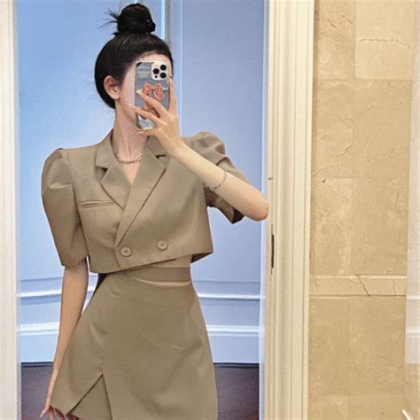 무배 블랙베이지 허리끈 크롭자켓치마정장세트2종 데일리하객룩 Sst 375