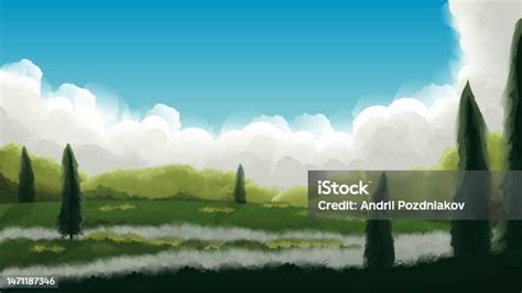 파노라마 숲 풍경 수평선에 적운 구름 낙엽 활엽수 침엽수 림 안개가 숲 사이의 빈터 야생 자연을 따라 기어 들어갑니다 수채화 기법 손 그리기 벡터 그림입니다 배경 주제에