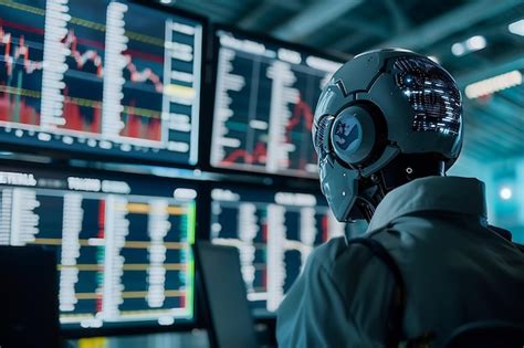 Futuristic Robot Analyst Monitoring Financial Data On Multiple Screens