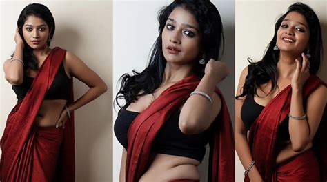 Lavanya Manickam Wearing Red Saree Photos