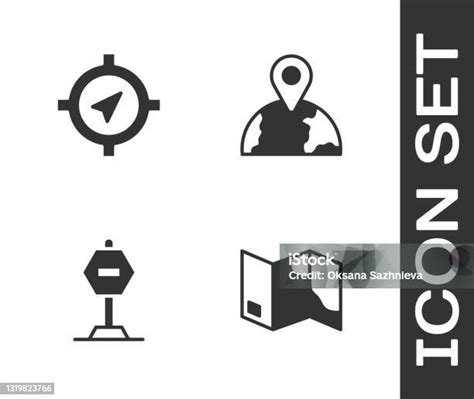 접힌 지도 나침반 중지 기호 및 위치 를 지구 아이콘에 설정합니다 벡터 0명에 대한 스톡 벡터 아트 및 기타 이미지 0명 거리 경계 표지 Istock