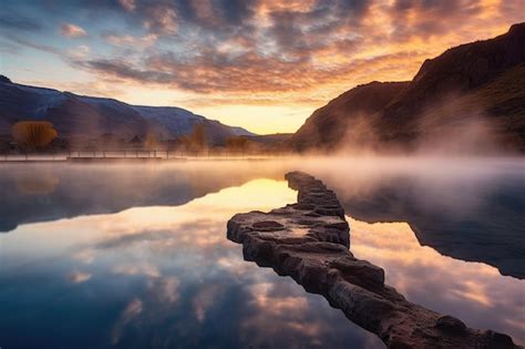 Premium Photo Steamy Hot Spring Reflecting The Sky At Sunrise Created