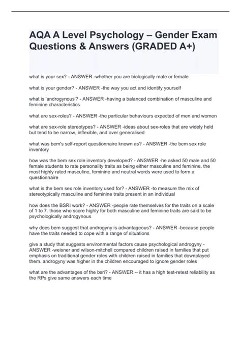 Aqa A Level Psychology Gender Exam Questions And Answers Graded A