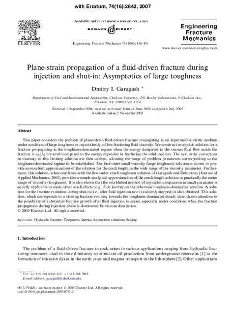 Pdf Plane Strain Propagation Of A Fluid Driven Fracture During Injection And Shut In