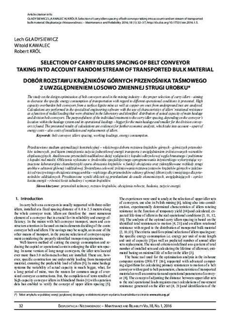 pdf selection of carry idlers spacing of belt conveyor taking into