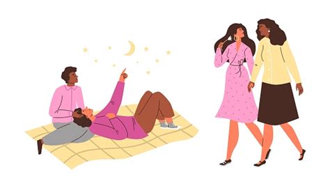 낭만적인 데이트를 하는 행복한 게이 커플들 하얀 배경에 고립된 평면 벡터 그림 피크닉에서 별을 바라보는 남자들 손을 잡고 걷는 여자들 신혼 여행과 발렌타인 데이 개념입니다