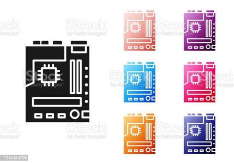 검은 전자 컴퓨터 구성 요소 마더 보드 디지털 칩 통합 과학 아이콘 흰색 배경에 격리 회로 기판 다채로운 아이콘을 설정합니다 벡터 일러스트레이션 Cpu에 대한 스톡 벡터