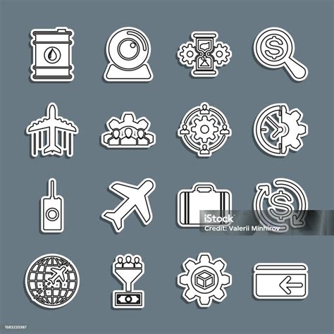 라인 캐쉬백 투자 수익 시계 및 기어 모래 시계 프로젝트 팀 기지 비행기 배럴 오일 및 아웃소싱 개념 아이콘을 설정합니다 벡터