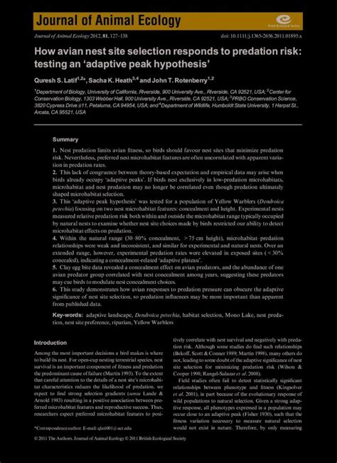 Pdf How Avian Nest Site Selection Responds To Predation Risk Testing An Dokumentips