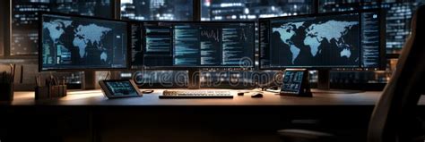 High Tech Workstation With Multiple Monitors Displaying Data Analysis And World Maps In A