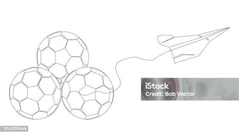 축구공이 있는 종이 비행기의 연속 라인 하나 가는 선 그림 벡터 개념입니다 등고선 그리기 창의적인 아이디어 Championship에 대한 스톡 벡터 아트 및 기타 이미지