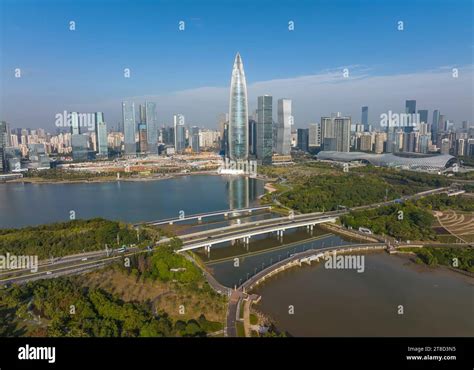 Drone Fly Over Shenzhen City Central Business District Aerial Panorama