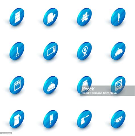 오븐 장갑 반죽에 롤링 핀 칼 주걱 전자 레인지 음식 트레이 및 요리사 모자 위치 아이콘으로 덮여 있습니다 벡터 3차원 형태에