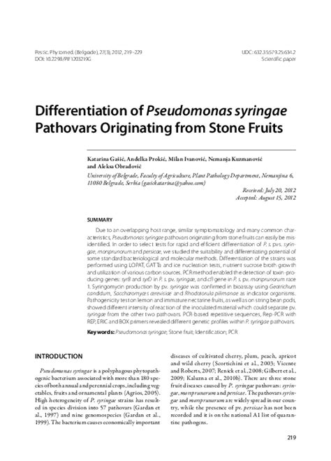Pdf Differentiation Of Pseudomonas Syringae Pathovars Originating From Stone Fruits
