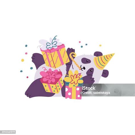 귀여운 팬더 캐릭터 생일 카드 만화 벡터 일러스트 레이 션 절연 생일에 대한 스톡 벡터 아트 및 기타 이미지 생일 가공의